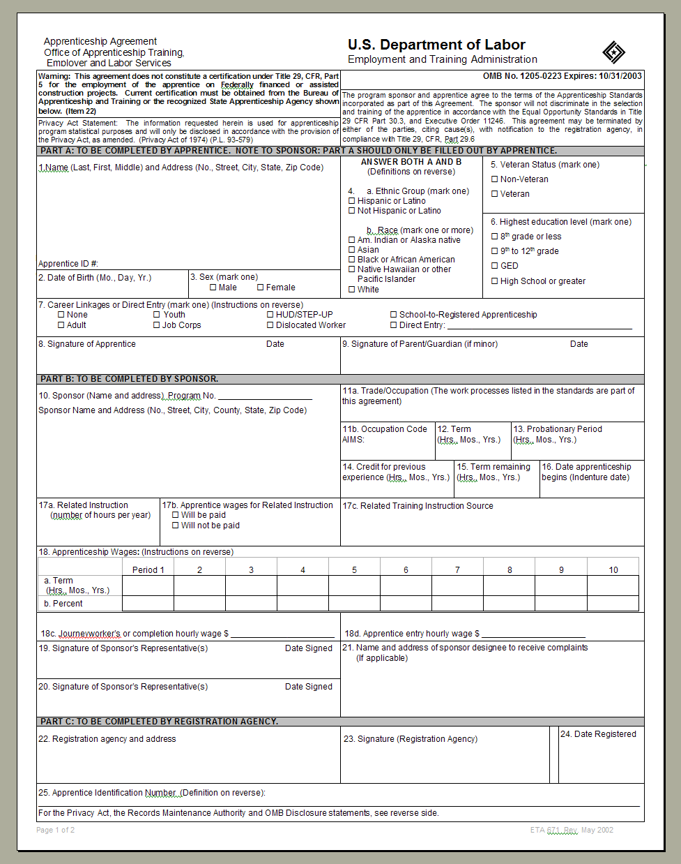 Apprenticeship Agreement Form